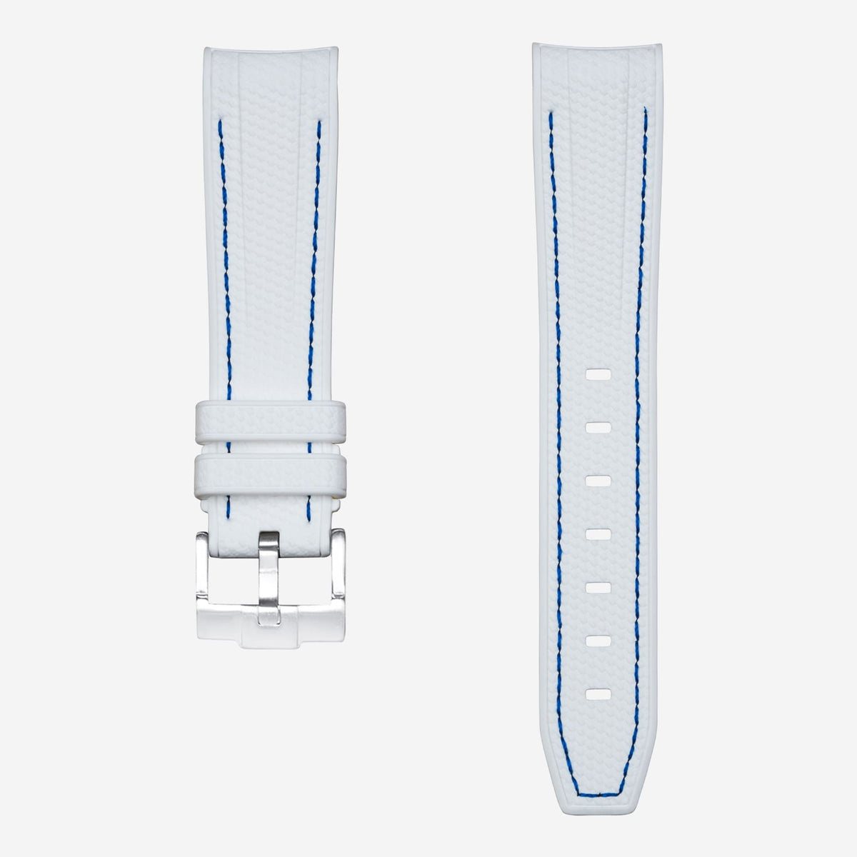 White & Blue Stitches Curved Vertech Rubber Watch Strap for MoonSwatch ...